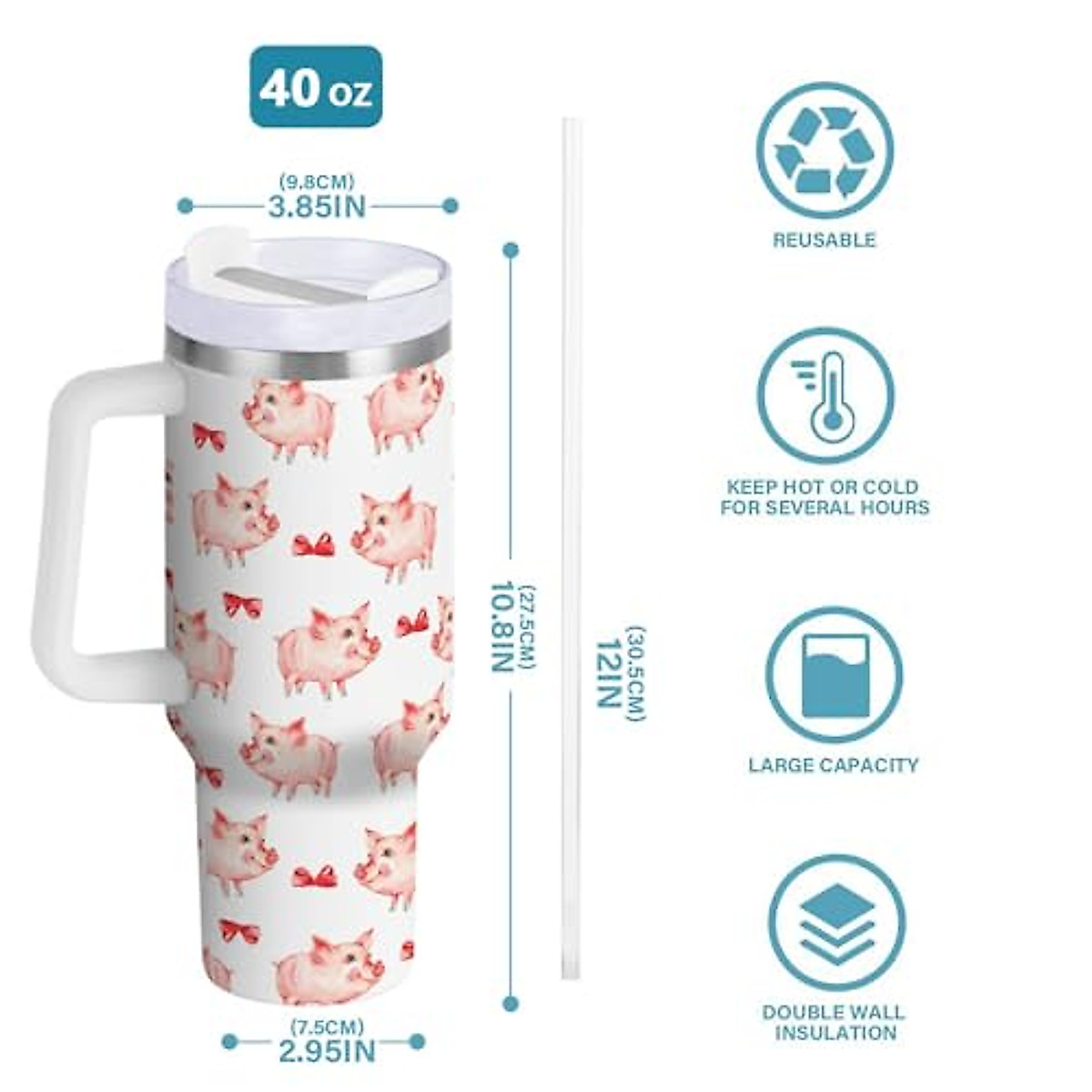 Bseiialft 40 oz Tumbler with Handle Cute Pig Bows Water Bottle with Lid and Straw Vacuum Insulated Cup Stainless Steel Travel Coffee Mug for Home Office Car