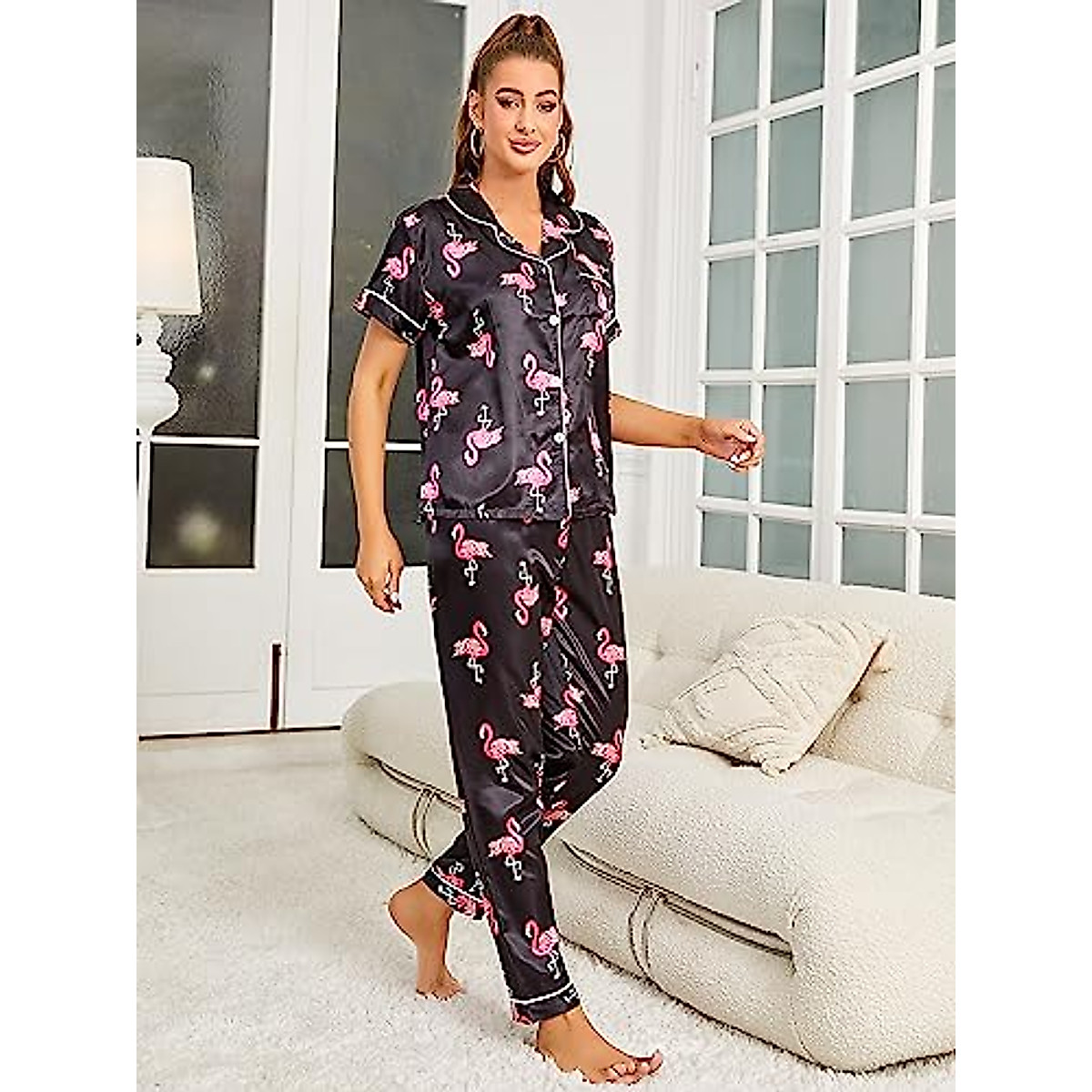 WDIRARA Women's 2 Piece Sleepwear Striped Satin Short Sleeve Shirt and Pants Pajama Set Animal Black M