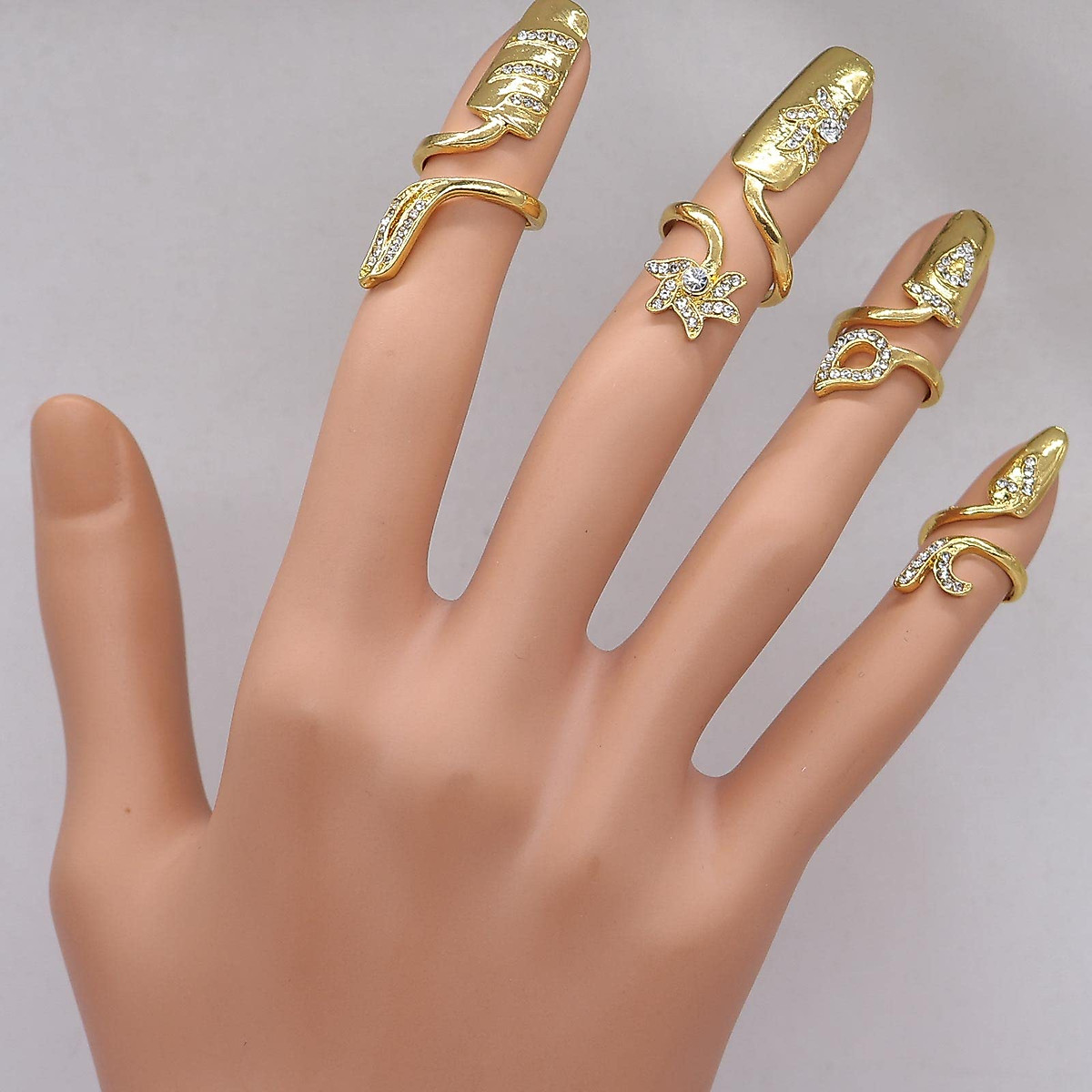 4 Pcs Opening Crystal Fingernail Ring Adjustable Rhinestone Nail Decoration Flower Finger Tip Rings Decoration Art Charm Fashion Accessories for Women Girls Gold Plated