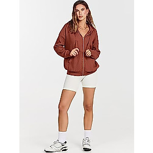 ANRABESS Women's Sweater Hoodies 2023 Fall Oversized Full Zip Up Jackets Long Sleeve Crewneck Sweatshirt Casual Loose Ribbed Knit Pullover Top with Pocket 791xiuhong-L Rust