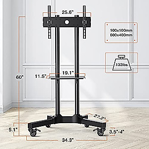 Mobile TV Cart for 32-83 Inch TVs Rolling TV Stand with Height Adjustable Tray Max VESA 600x400mm Holds up to 132lbs LED/LCD/OLED Flat/Curved TVs Portable TV Stand with Lockable Wheels- PGTVMC01