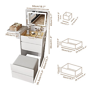 HIMAmonkey Small Makeup Vanity with Mirror and Lights, 3-in-1 Vanity Desk with 3 Drawers, Corner Vanity Set with Soft Stool, Compact Dressing Table for Living Room/Bedroom-19.7in/White