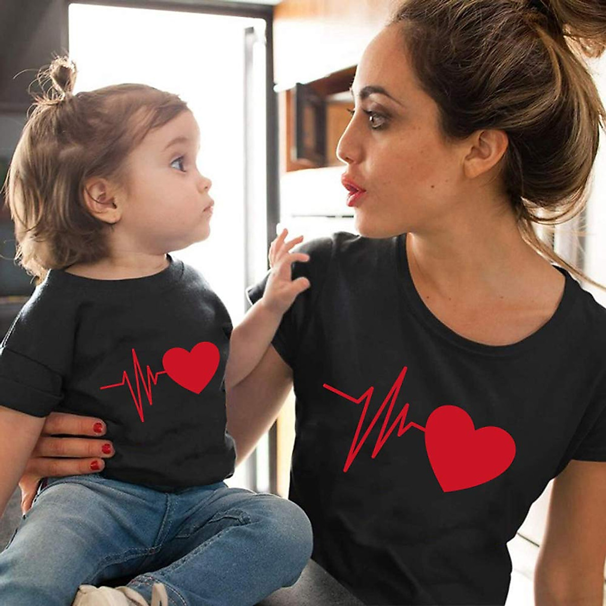 Heartbeat Love Funny Mom Son Daughter Matching T-Shirts Mother & Daughter Matching Set Mom & Baby Shirts Black