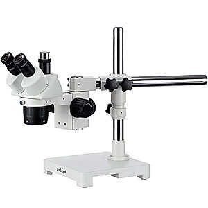 AmScope SW-3T24Z Trinocular Stereo Microscope, WH10x Eyepieces, 20X/40X/80X Magnification, 2X/4X Objective, Single-Arm Boom Stand, Includes 2.0x Barlow Lens