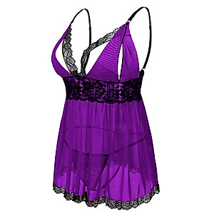 Donnalla Women's Sexy Plus Size Lingerie - Split Cup Lace Babydoll Sleepwear Chemise Set (Purple,XXL)