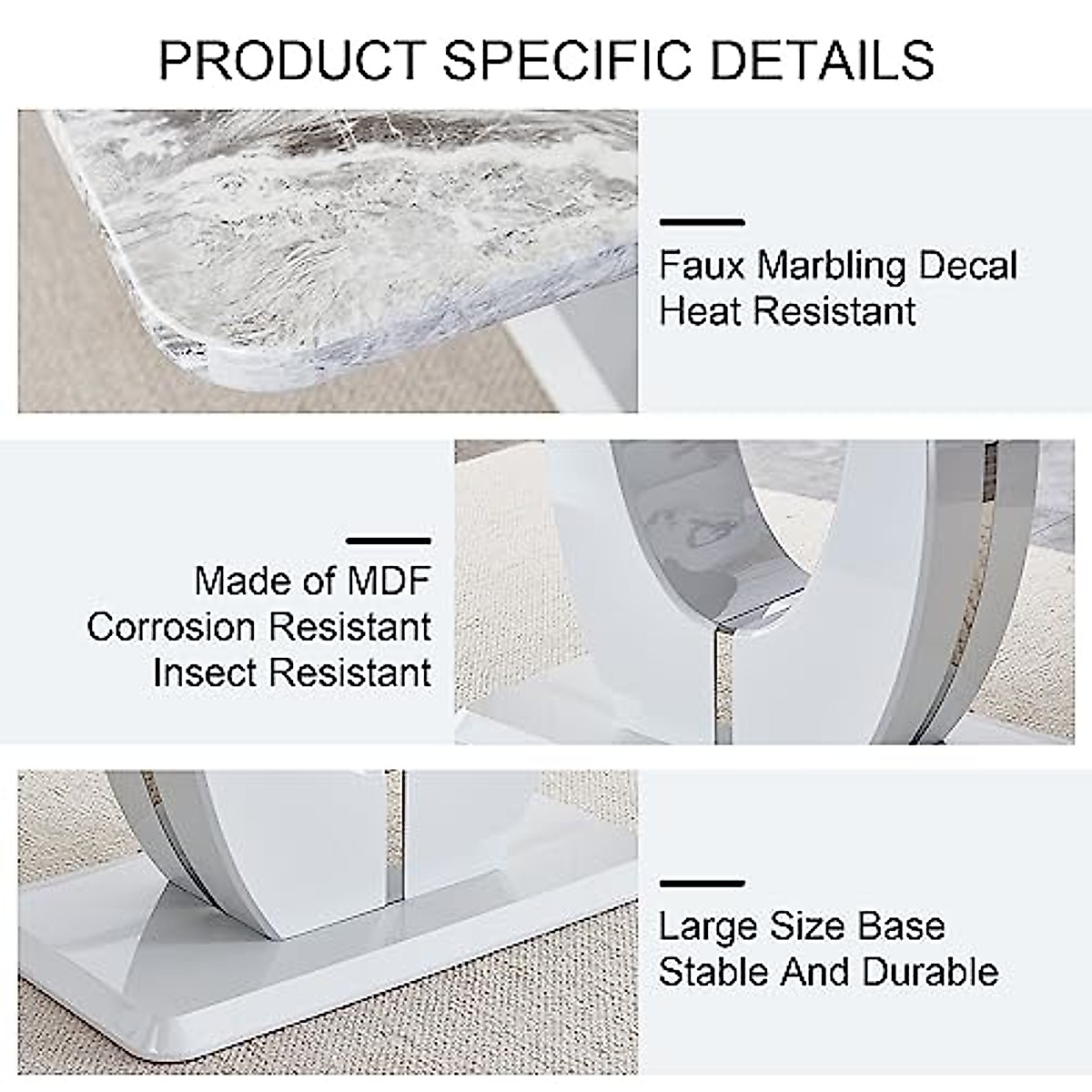 JUFU Faux Marble Dining Room Table Set for 8,Rectangula Kitchen Table Set with Faux Marble Tabletop＆6 Pu Leather Upholstered Chairs Ideal for Dining Room, Kitchen (White, 71'')