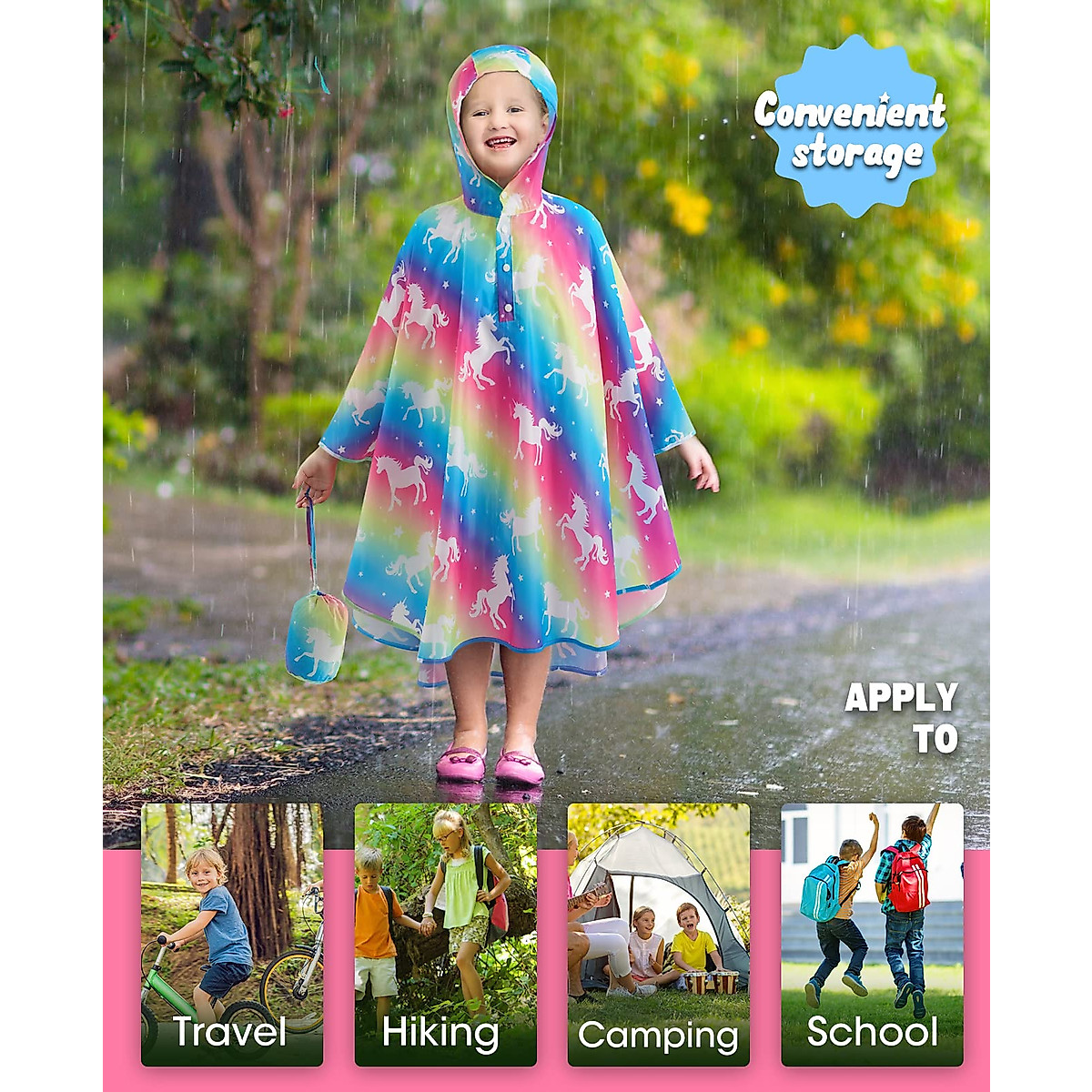 WAWSAM Lightweight Kids Rain Poncho Waterproof Kids Poncho Reusable Hooded Rain Jacket for Boys Girls