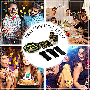 21st Birthday Party Supplies Set-16 Guests-Black And Gold Disposable Tableware kit, 21 Years Birthday Decorations, Include Paper Plates, 12oz Cups Napkins Banners Tablecloth Straws Cutlery…