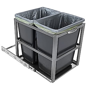 UEV Double Under Counter Kitchen Cabinet Pull-Out Trash Can,30 Liter / 8 Gallon for Each Sliding Pull Out Waste Bin Container,Garbage Slide Out Shelf for Kitchen with Bin,2 Black Wast Included