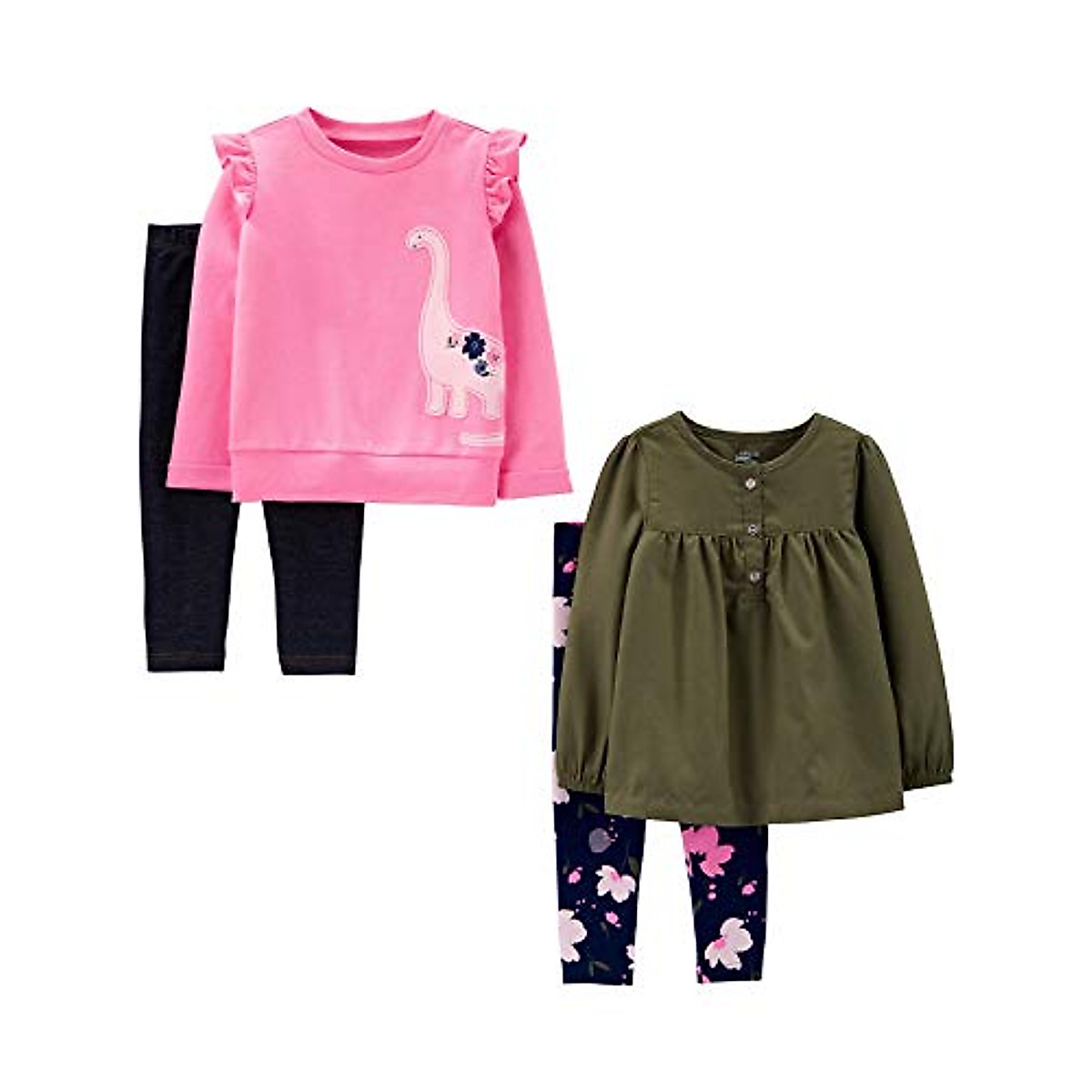 Simple Joys by Carter's Baby Girl's 4-Piece Long-Sleeve Shirts and Pants Playwear Set Pants, Olive/Pink Dino, 18M