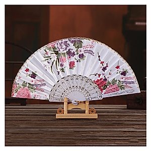 beautiful Chinese Style Hand Held Folding Dance Fan Wedding Party Lace Silk Folding Hand Held Flower Fan Wedding Party Fan Dance Decoration Performance Accessories (Color : Purple) ( Color : Red ) ( C