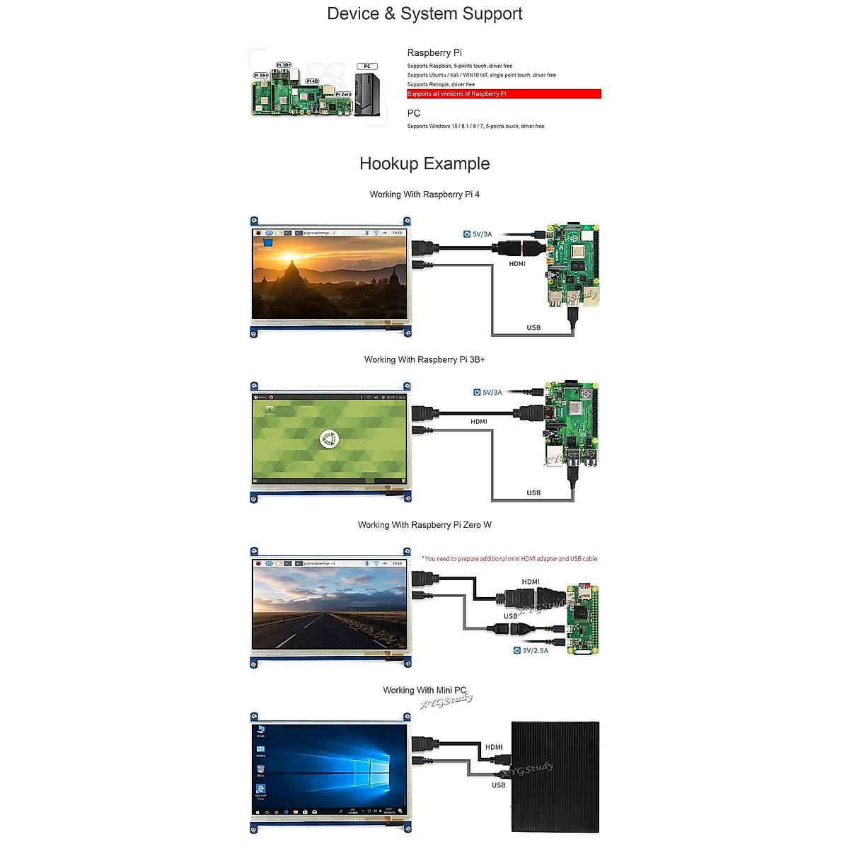 7 inch 800×480 Capacitive Touch Screen HDMI Interface Custom Raspbian LCD Monitor Mini PC Supports Raspberry Pi 4 3 2 1 Model B B+ A+ & BeagleBone Black & Banana Pi/Banana Pro @XYGStudy
