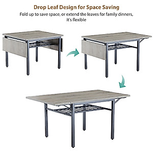 Suheww Folding Dining Table, Drop Leaf Tables with Metal Storage Racks, 63.2” Industrial Extendable Compact Kitchen Table for Apartment, Small Spaces, Seats 2-6 People, Grey