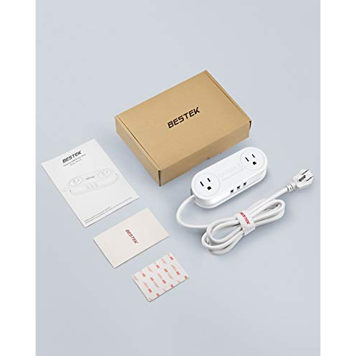 Small Power Strip with 3 USB Ports, BESTEK 2 Outlet Portable Plug Strip Charging Station with Adhesive Sticker, 5 Ft Extension Cord, Ultra-Compact for Cruise Ships, Dorm Room,Travel, Bedside, Office