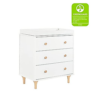 Babyletto Lolly 3-Drawer Changer Dresser with Removable Changing Tray in White and Natural, Greenguard Gold Certified
