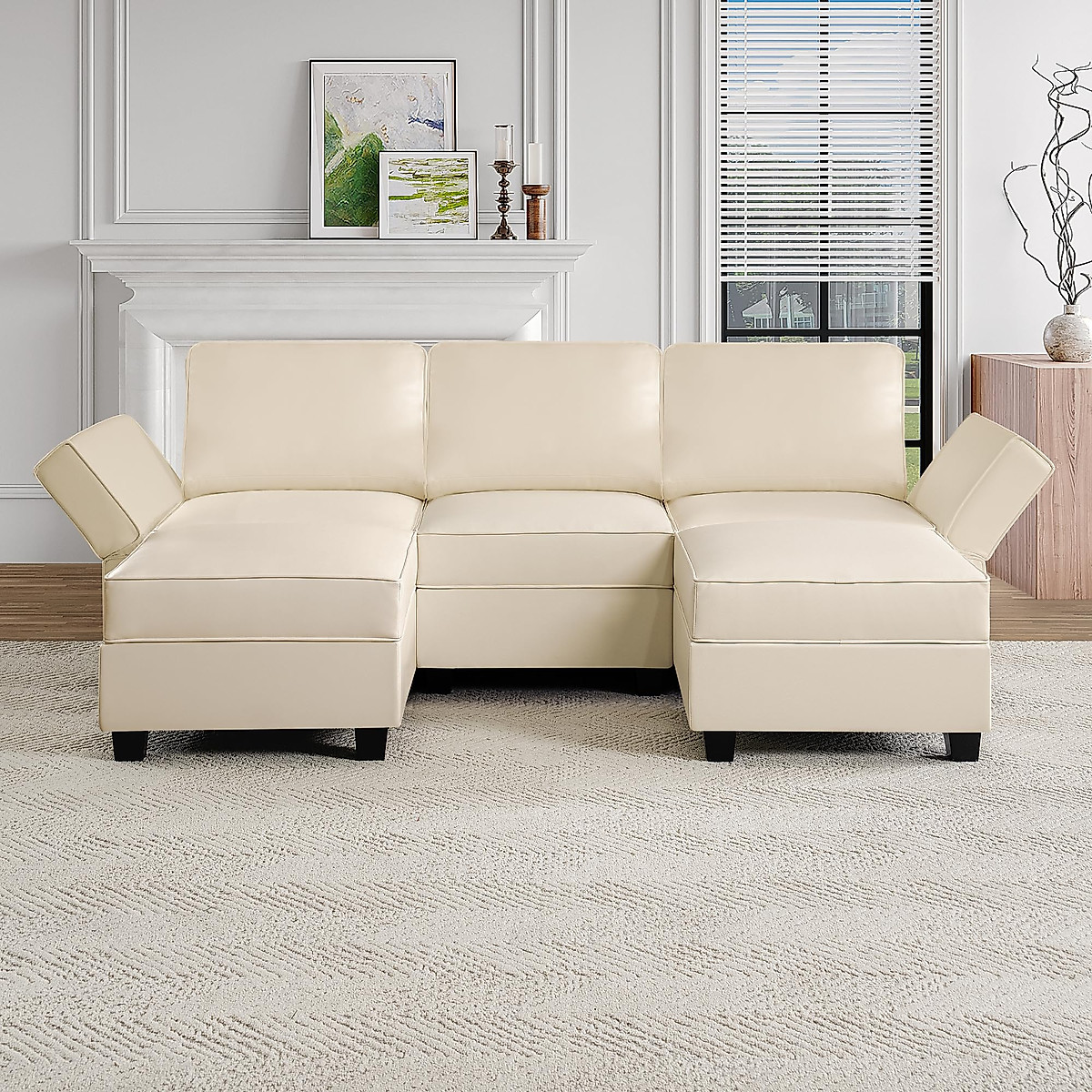 Naomi Home Sarah Modular Sectional Sofa with Double Chaise Air Leather U Shaped Sofa Reversible Sectional Couch with Storage - Beige