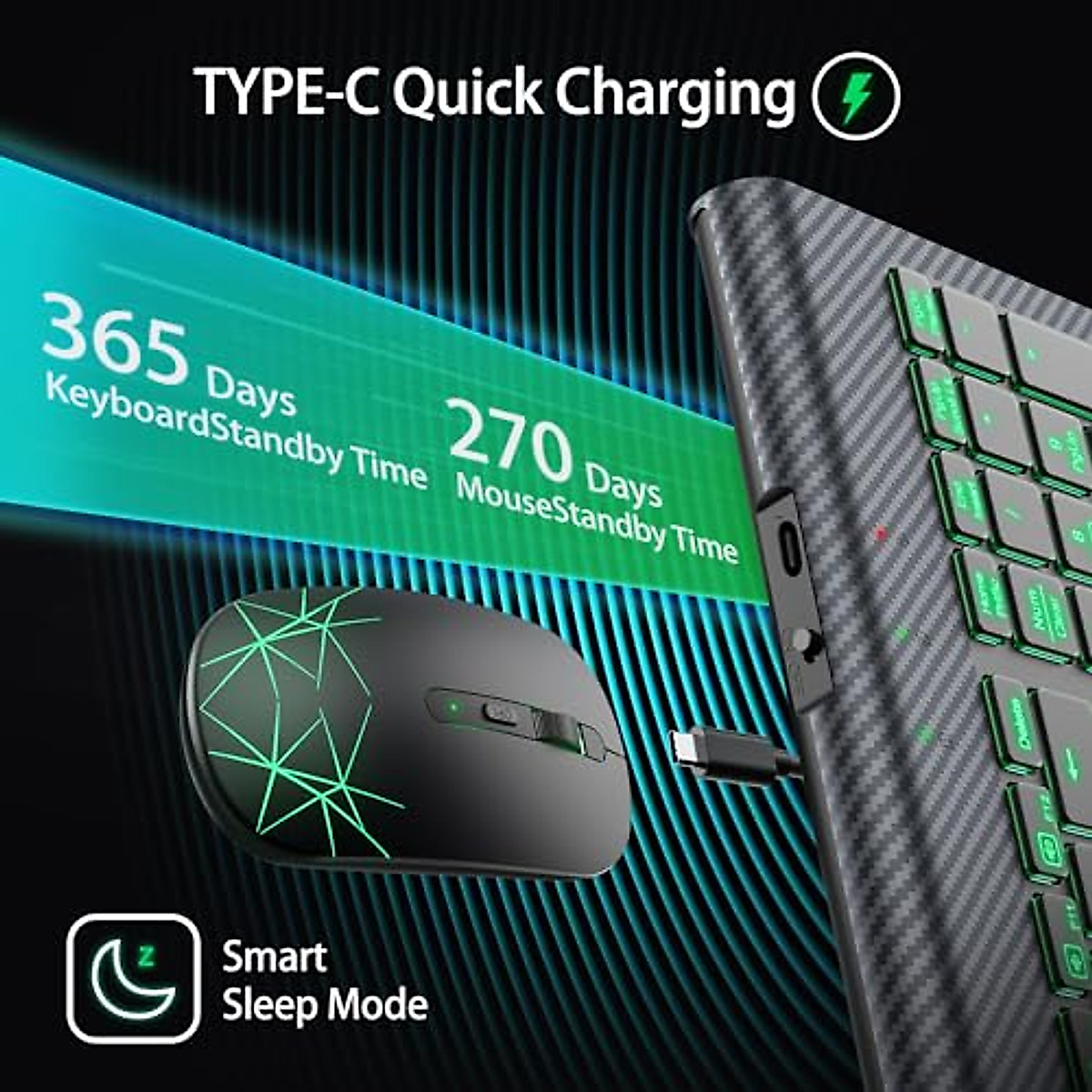 Wireless Keyboard and Mouse, Rechargeable, Adjustable 7 Color Backlight, Ergonomic, Quiet, with Phone Holder, 2.4G Stable Connection Slim Mac Keyboard and Mouse