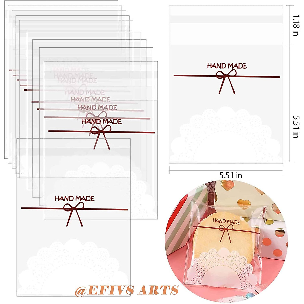 Efivs Arts 200pcs 5.5x5.5in Lovely Lace Bowknot Clear Biscuit Roasting Treat Present DIY Plastic Candy Individual Wrappers Self Adhesive OPP Cookie Bakery Decorating Favor Bags