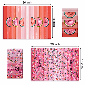Seliem Summer Life is Sweet Watermelon Kitchen Dish Towel Set of 2, Red Pink Stripes Hand Towel Drying Baking Cooking Cloth, Spring Seasonal Farmhouse Home Kitchen Decor 18x26 Inch