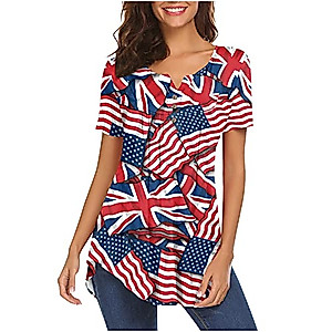 Independence Day Womens Summer Short Sleeve Tops American Flag Print Shirts Generic, Blouses for Women Women's Long Sleeve T-Shirts with Split Girls Summer Tops Memorial Day Shirts for Women Plus