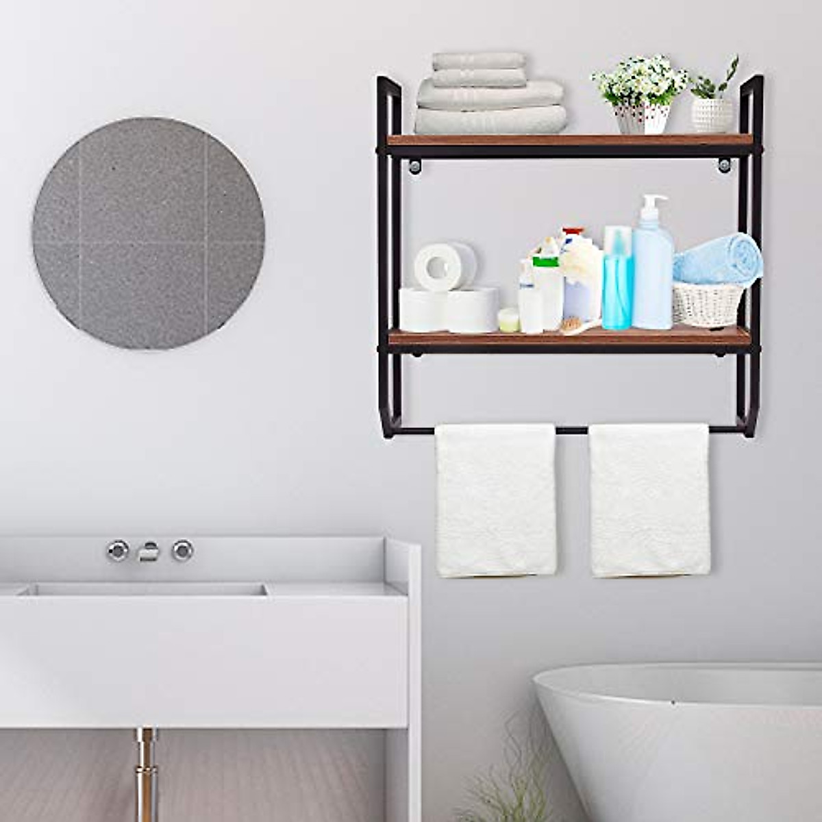 Kinsuite 2-Tier Metal Industrial Wall Mounted Bathroom Shelves Rustic Wall Storage Rack Over Toilet with Towel Bar, Floating Shelves Towel Holder