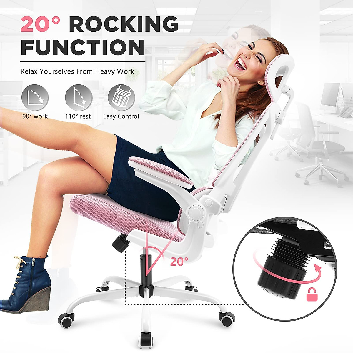 Soontrans Pink Ergonomic Office Chair with Lumbar Support Pillow, Mesh Office Chair with Adjustable Arms & Headrest, Rocking Office Desk Chair, Comfortable Ergonomic Chair