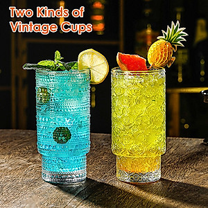 WISIMMALL Vintage Drinking Glasses Set of 4 with Straw 12OZ Aesthetic Highball Glasses Stackable Drinking Glasses Iced Coffee Cups for Cocktail, Whiskey, Beer, Juice, Water