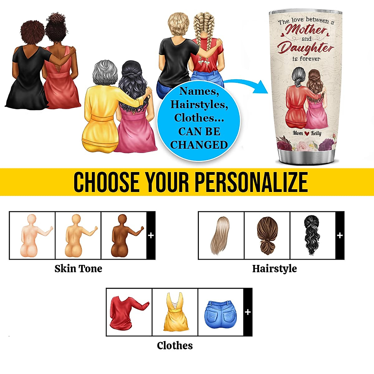 Personalized Mom Tumbler - 20oz & 30oz Stainless Steel Coffee Mugs for Mothers Day, Birthday, Christmas Custom Mom Daughter Gifts