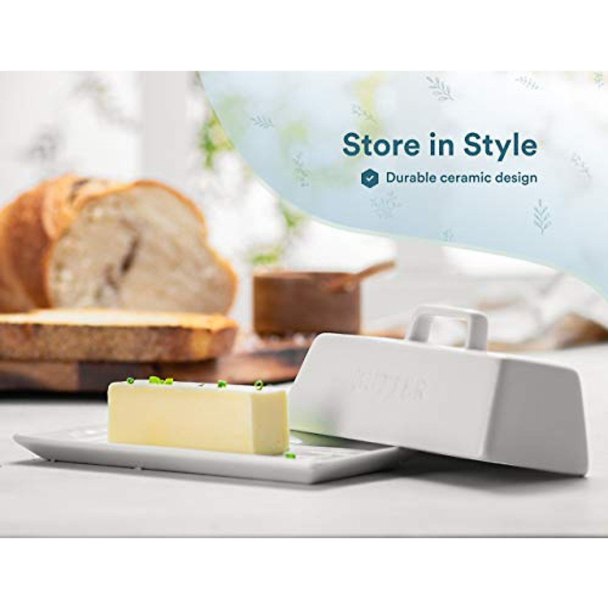 Kook Ceramic Butter Dish with Lid, Kitchen Countertop Butter Keeper, Serving Tray with Cover, Storage Container, Holds 1 Stick, Microwave and Dishwasher Safe, White