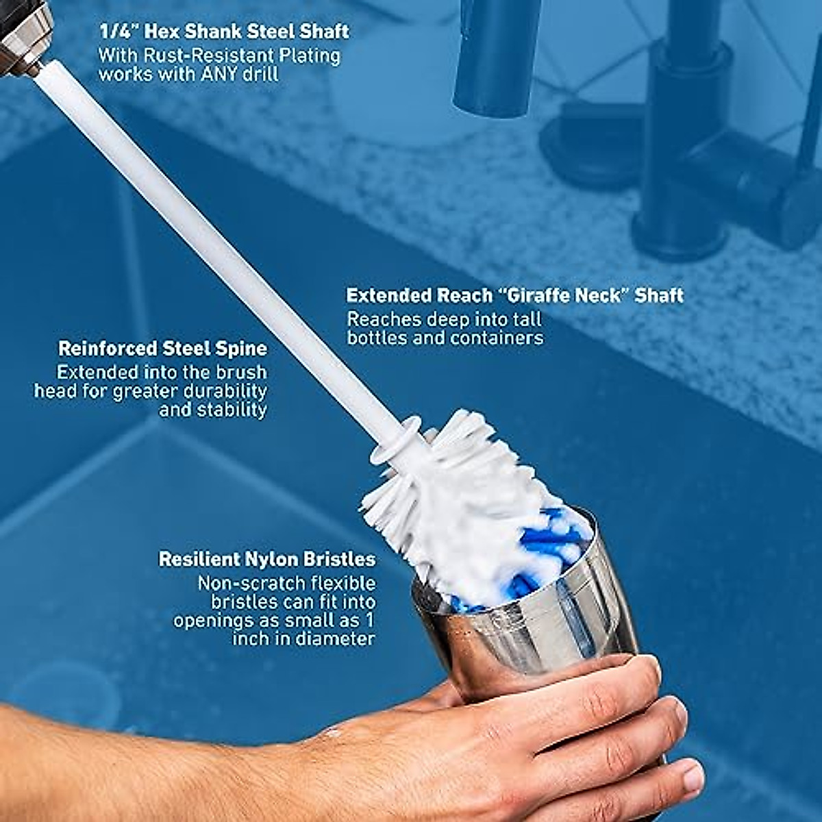 RotoScrub Bottle Brush - Drill Accessory - Clean Water Bottles, Coffee Mugs, Cups, Pots, Glasses, Jars, Blenders & Pitchers