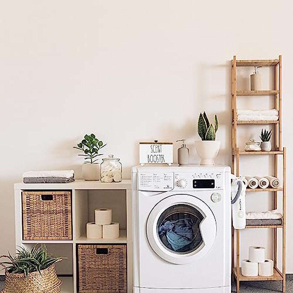 CHONIC Laundry Scent Booster Container, Farmhouse Scent Beads Storage Organization, Rustic Wood Dispenser for Clothing Fragrance Beads, Laundry Room Powder Box, Laundry Detergent Organizer Bin