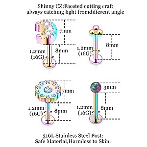 Pnsgisr 16g Cartilage Tragus Forward Helix Conch Earring Piercing Jewelry Lip Rings Medusa Labret Monroe for Women 16 Gauge Surgical Steel Flat Back Cartlidge Snake Bite Snakebite Philtrum Ashley Stud