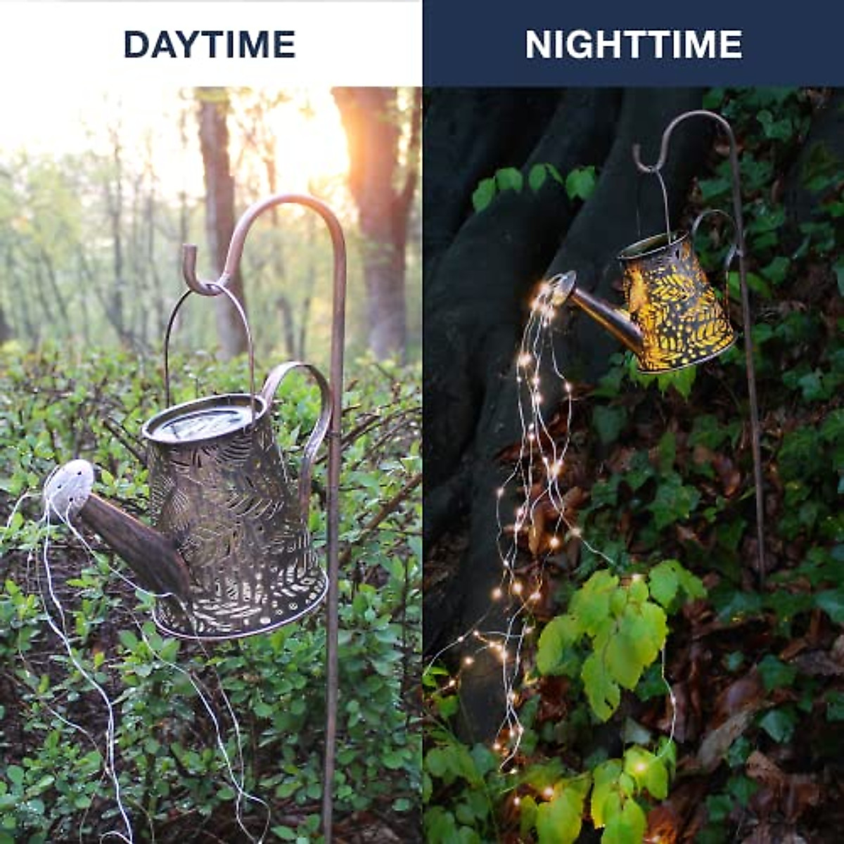 Solar Watering Can with Cascading Lights - Comes with Sheppard Hook, Waterproof Hanging Solar Lights Outdoor Decorative, Rustic Backyad Decor, Garden Decorations, Lantern Lights