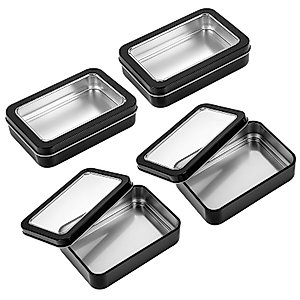 Metal Hinged Tin Box Container, 4 Pieces Rectangular Tin Box Small Storage Box Metal Stash Box Empty Tin Boxes with Removable Clear Window Lid for Candy Jewelry Beads Key Crafts Storage, Black