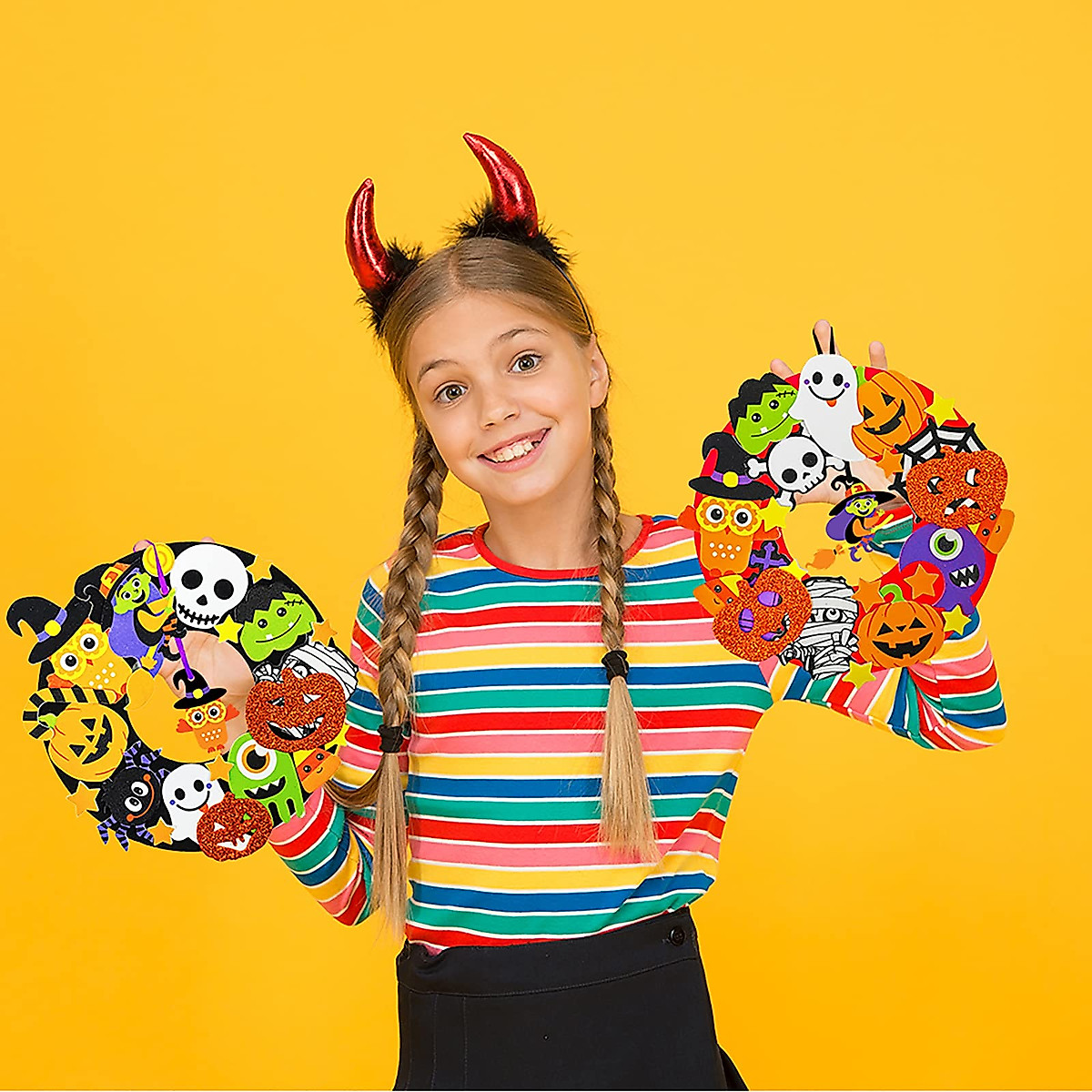 Winlyn 12 Sets Halloween Wreath Decorations Foam Halloween Wreath Signs Craft Kits Pumpkins Jack-O`-Lantern Owl Ghost Witch Bats Monster Stickers for Kids Art Gift Favors Trick-Or-Treaters Front Door