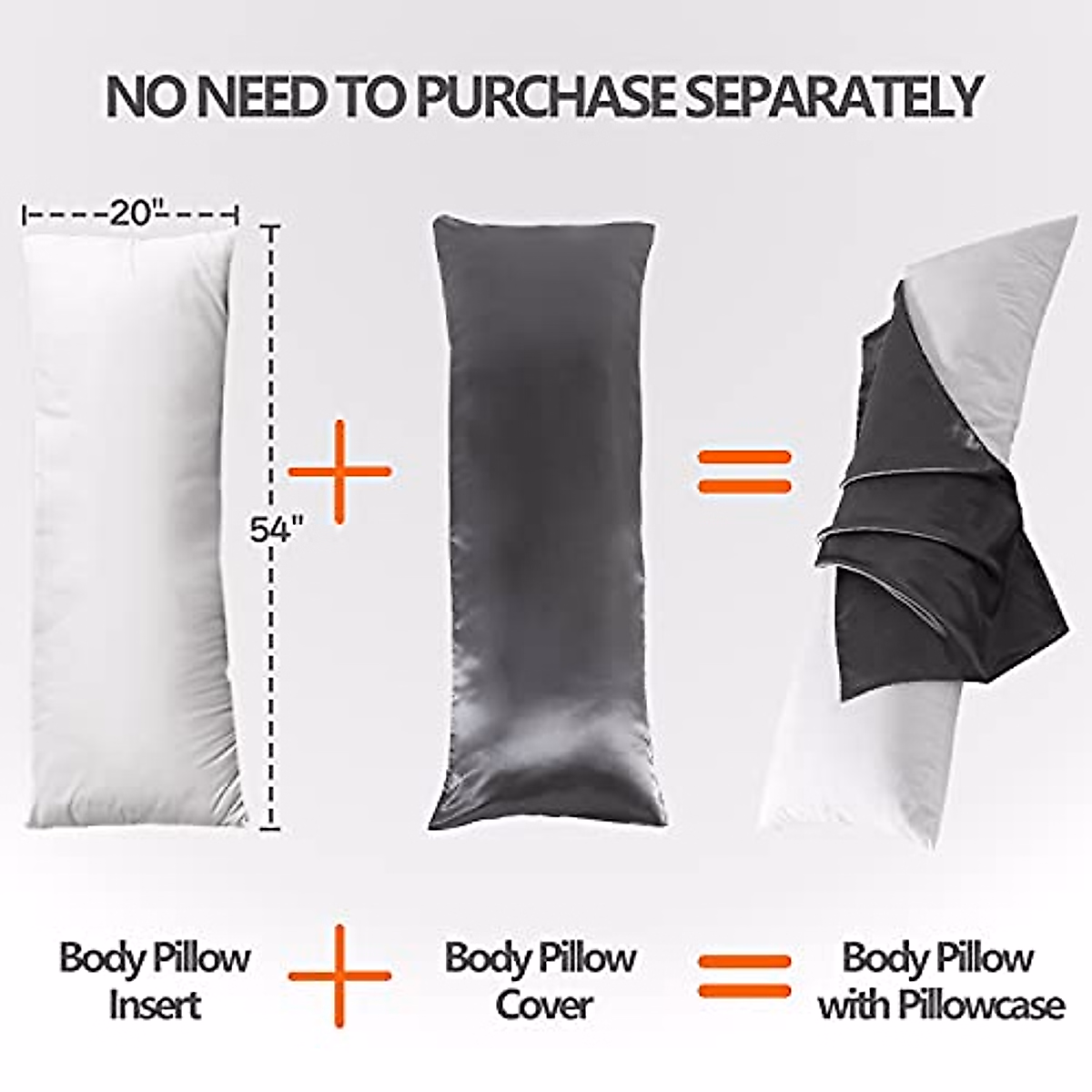 Lamberia Full Body Pillow Insert for Adults with Silky Satin Pillow Cover for Hair and Skin. Breathable Pillow for Sleeping in Various Positions, 20"x54" Dark Gray