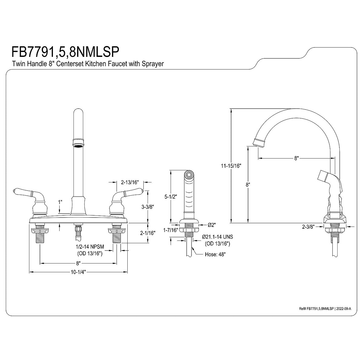 Kingston Brass FB7798NMLSP Naples 8" Centerset Kitchen Faucet, Brushed Nickel