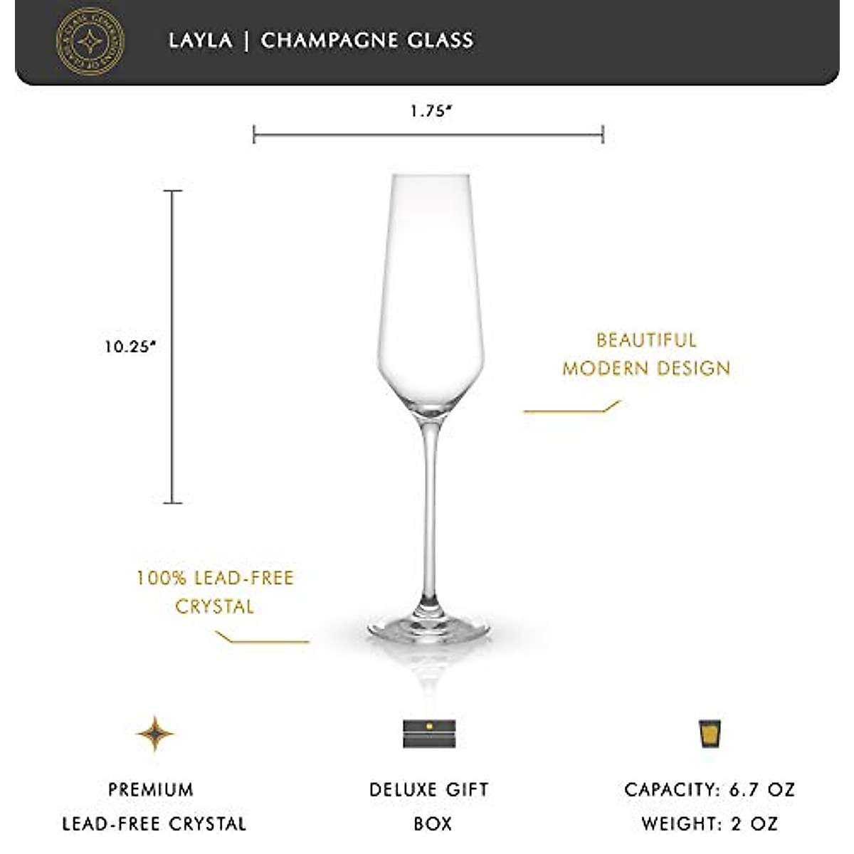 JoyJolt Champagne Flutes – Layla Collection Crystal Champagne Glasses Set of 4 – 6.7 Ounce Capacity – Ideal for Home Bar, Special Occasions – Made in Europe