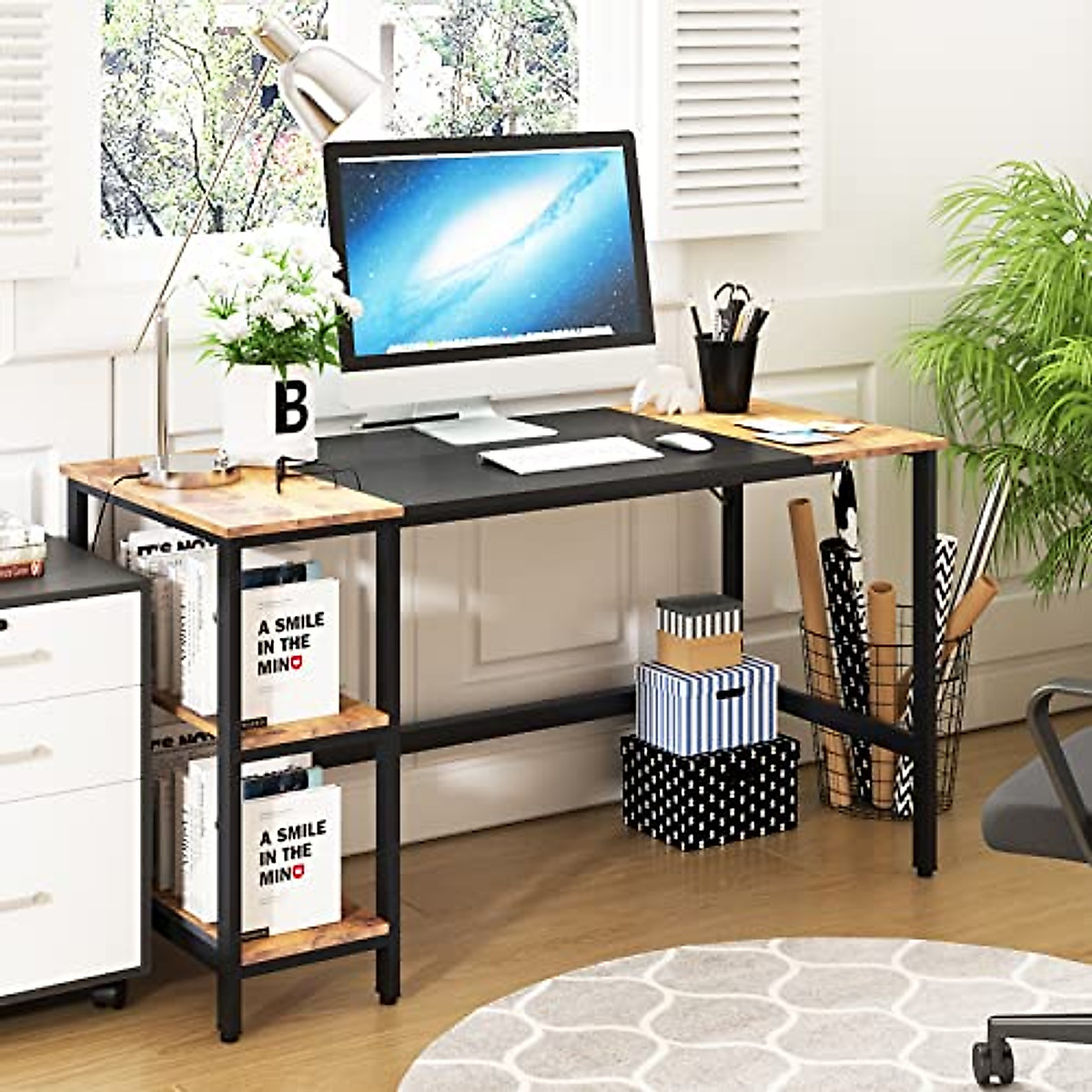 SogesHome 55inches Home Office Computer Desk with 2-Tier Storage Open Shelves, Living-Room Small Space PC Table Gaming Study Desk Workstation Writing Table Makeup Desk for Work, Study, Art, Makeup