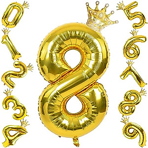 40 Inch Gold Number Foil Balloons With Detachable Gold Crown,Large Size Number 8 Mylar Helium Balloons For 8th Birthday Party Wedding Anniversary Celebration Decoration Supplies (8)