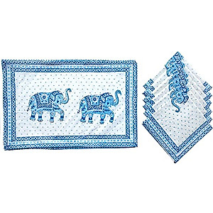 FIKIMOS Hand Block 100% Cotton Indian Style Theme Dining Table Mats and Napkins Set of 6 Place-mats Runners (Blue-03)