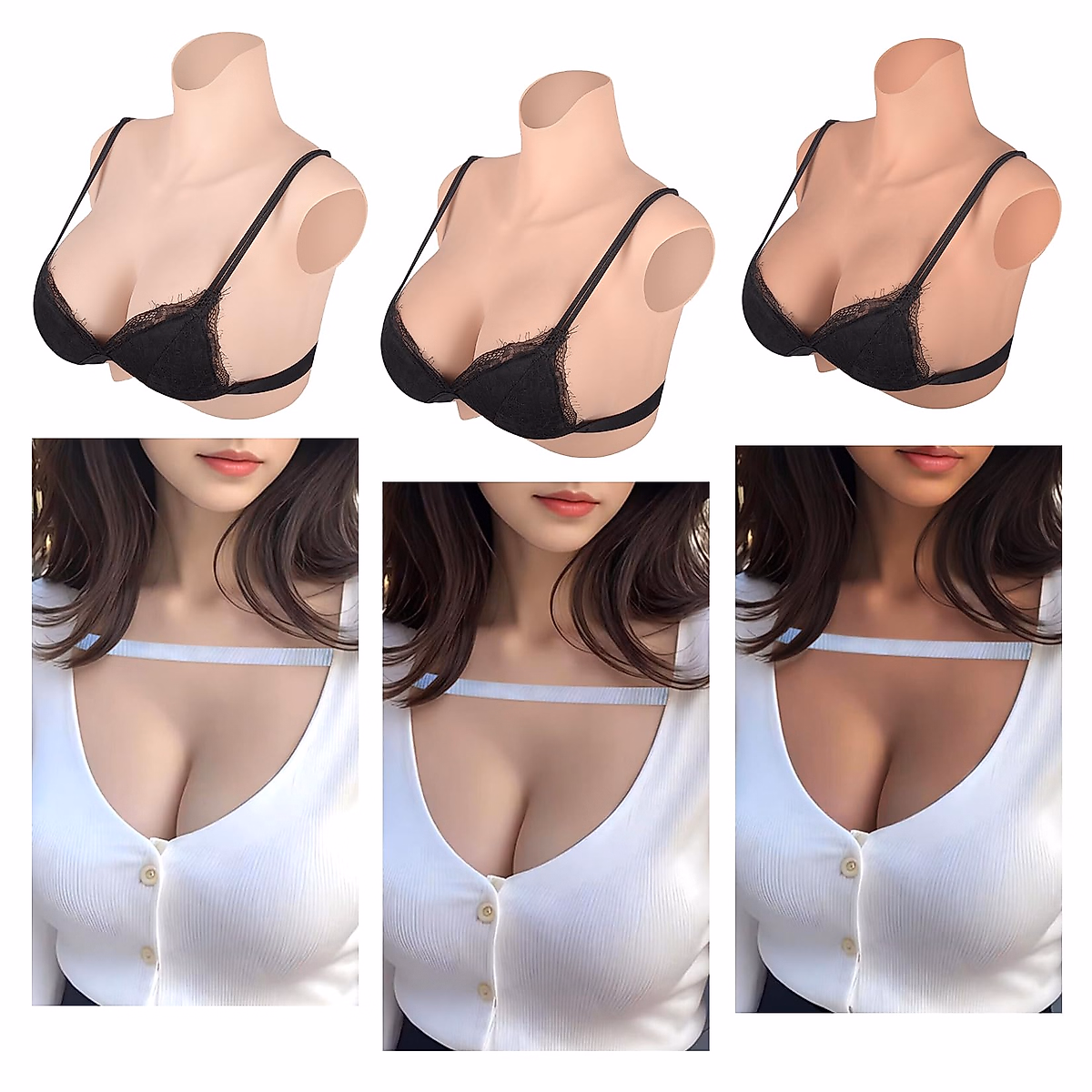 ICEVER New Generation Silicone Breast Plate Cotton Filled Breasts Half Body Crossdresser Fake Breast Forms Transgender (C Cup,Ivory)