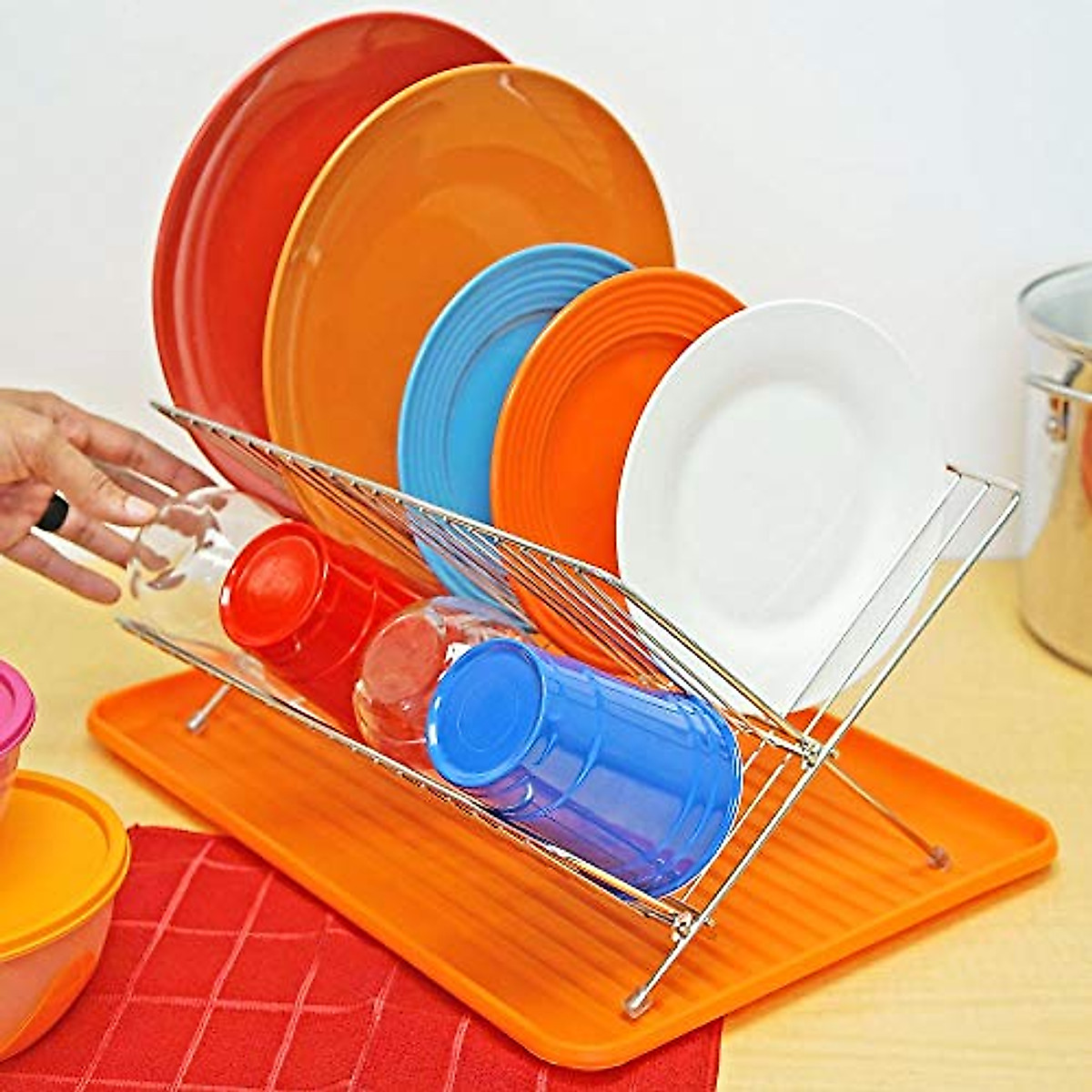 Dish Drying Rack w/ Folding Drainer, Orange - Southern Homewares - Kitchen Utensil Cleaning Set for Plates, Bowls, Cups