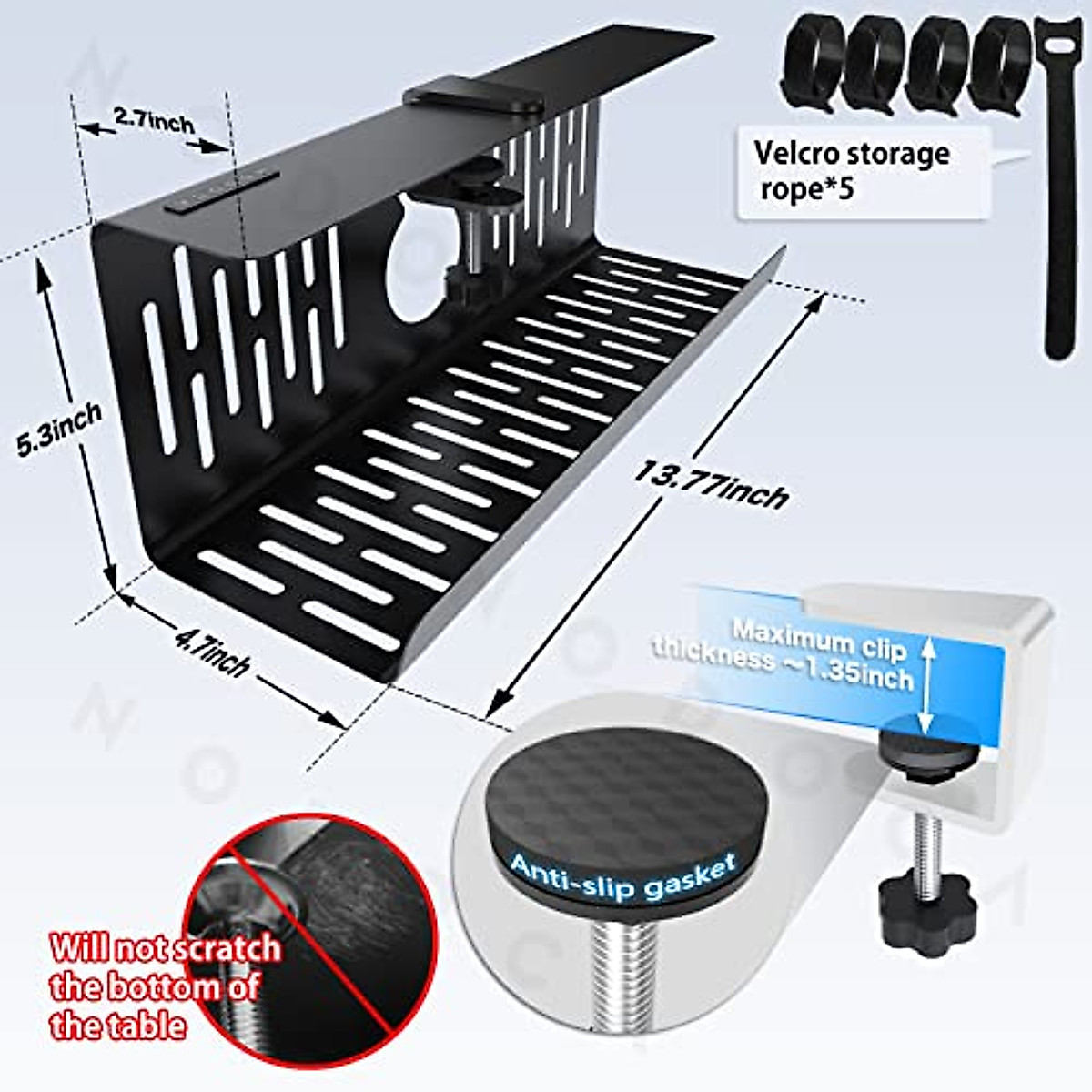 NODOCA No Drill Under Desk Cable Management Tray, 14'' Wire Management, Punch-Free Clamp on, Newest Metal Cable Tray, Wire Organizer Under Desk, Under Desk Basket for Office and Home, Black