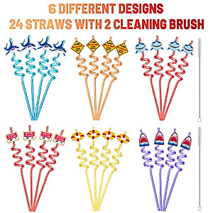 24Pcs Reusable Shark Straws -Plastic Crazy Straws Ocean Sea Birthday Party Favors Supplies with 2Pcs Cleaning Brush for Kids Boys Girls Gifts