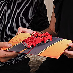 Paper Love Classic Red Truck Pop Up Card, For Father's Day, Birthday, All Occasion, Dad, Husband, Son - Handmade - 5" x 7" Cover - Includes Envelope and Note Tag