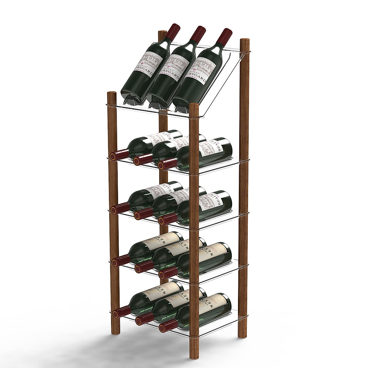 Life Story MyWinebar 15 Bottle Wine Holder Wood Frame Floor Storage Rack Display Stand with Tilted Top Shelf and 4 Flat Display Shelves