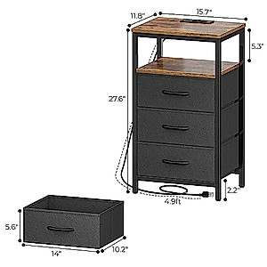 Huuger Nightstands Set of 2, 27.6 Inch End Tables with Charging Station, Side Tables with Fabric Drawers, Bedside Tables with USB Port and Outlet, Night Stands for Bedroom, Living Room, Rustic Brown