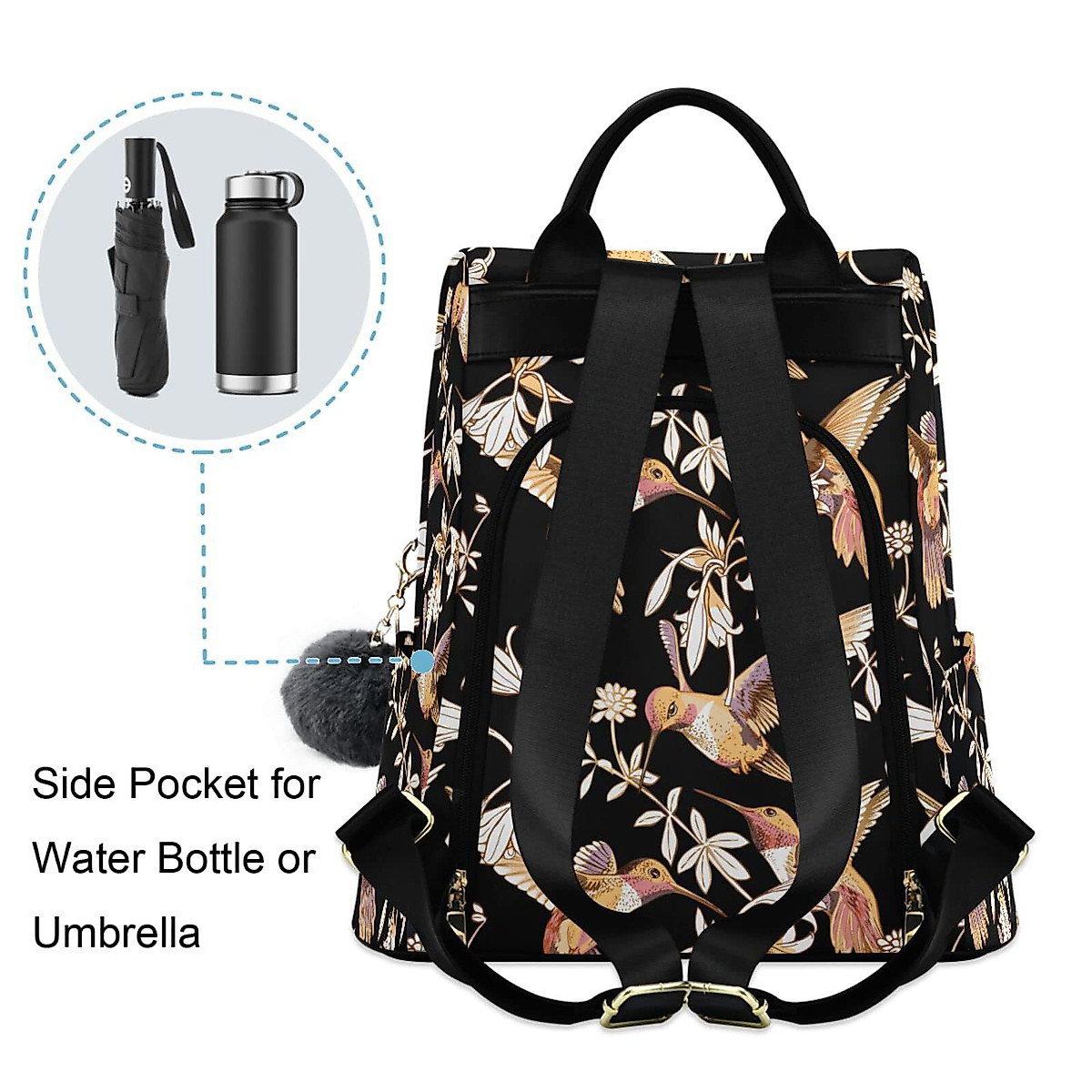 Fustylead Floral Gold Hummingbirds Flowers Backpack Purse for Women Anti Theft Fashion Back Pack Shoulder Bag