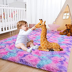 HOMORE Soft Fluffy Rug for Bedroom, Tie Dye Rugs for Living Room, Non Slip Shaggy Plush Carpet for Kids Nursery Toddler, 4x6 Feet Area Rugs for Room Floor, Hot Pink